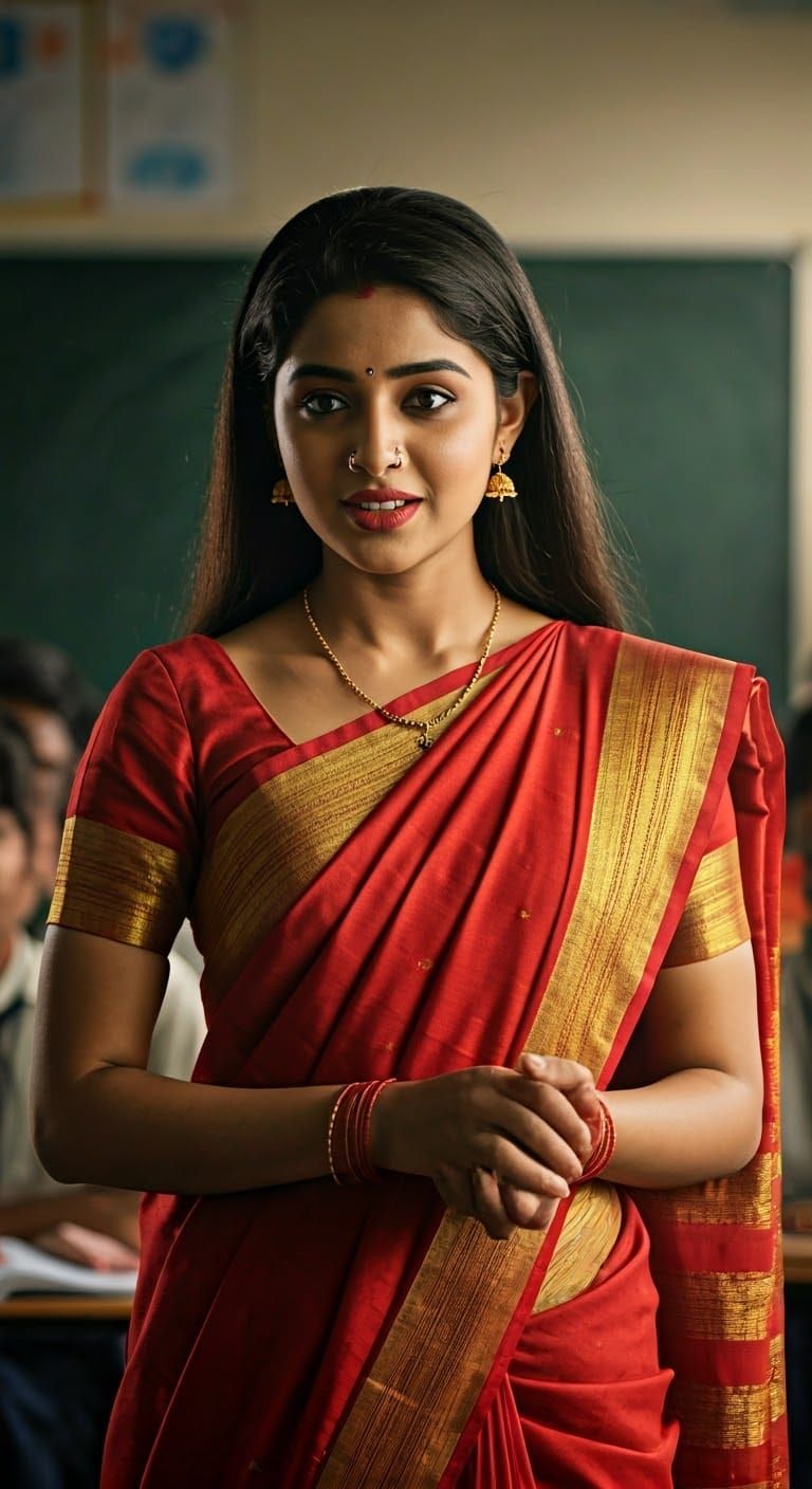 Indian Beauty Teacher in Traditional Saree, Radian... - AI Art