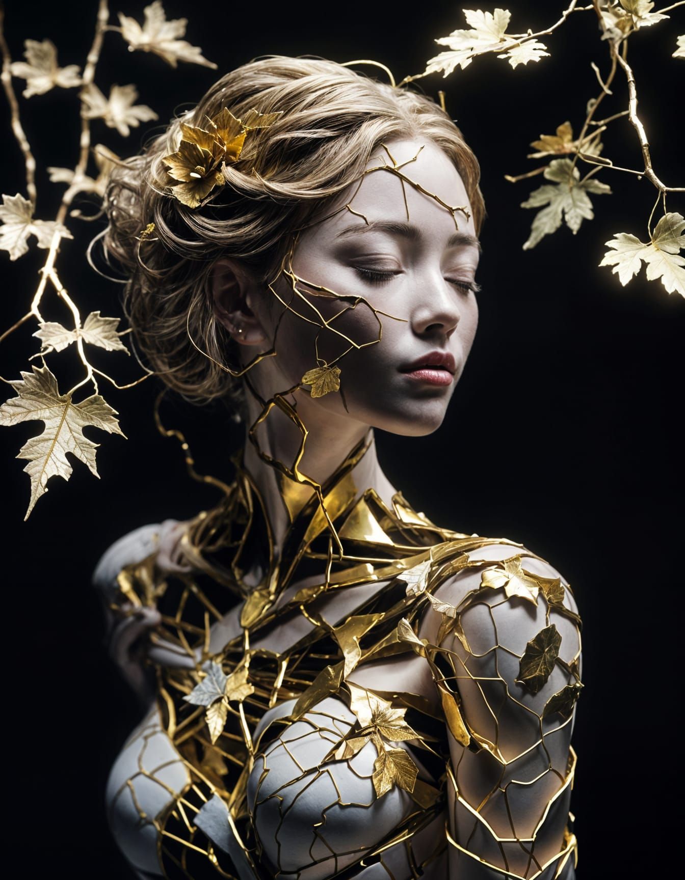 A sculptural full body woman in the style of Kintsugi. Her body ...