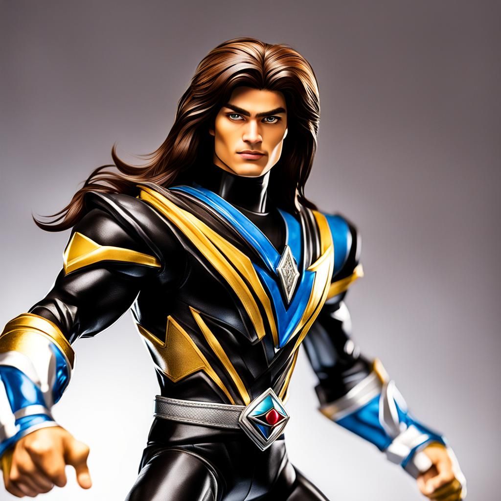 Young man with long brown hair as the black topaz power ranger doll ...