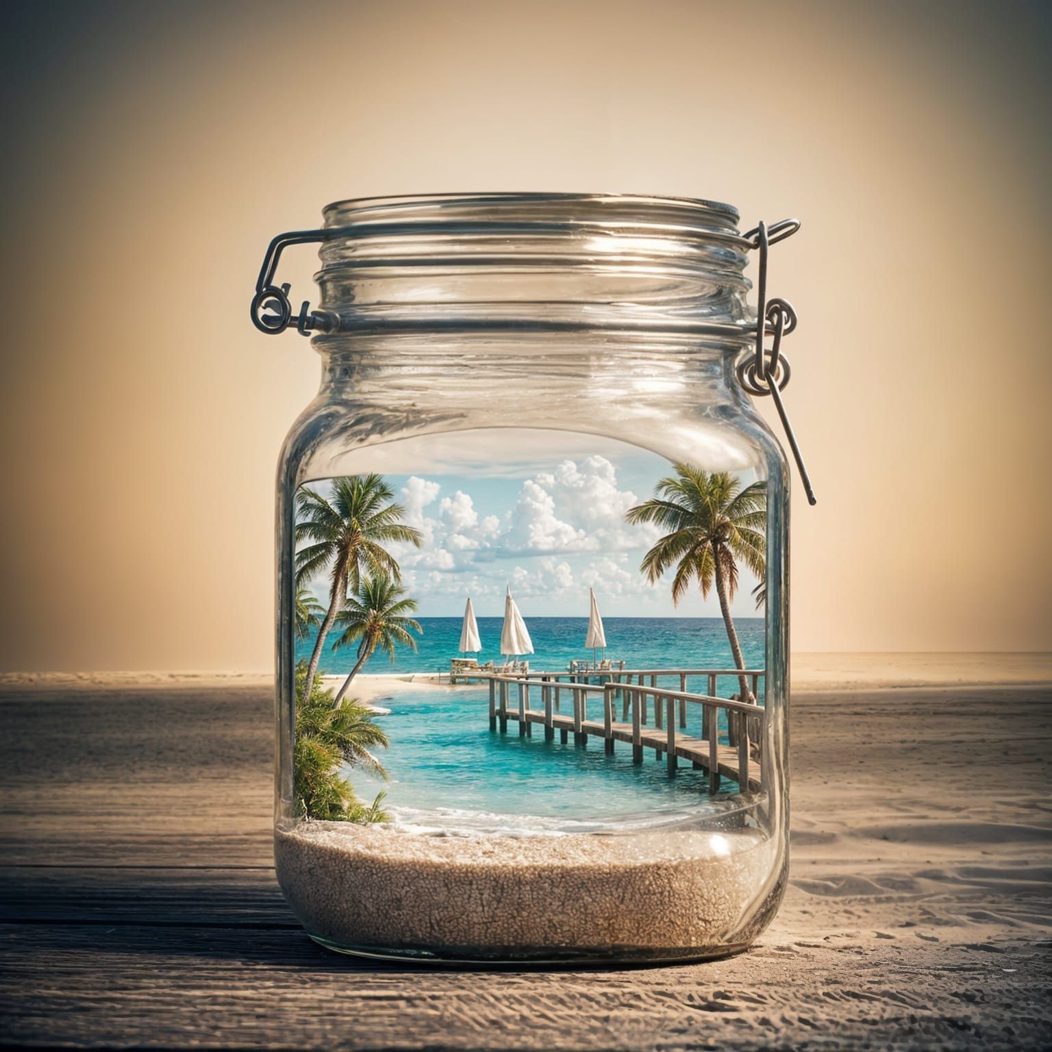 Surreal Beachside Paradise in an Antique Glass Jar - AI Art