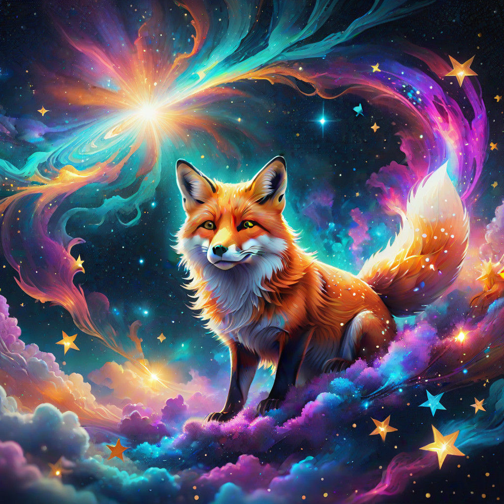 Cosmic Fox in Vibrant Astral Dreamscape - AI Art