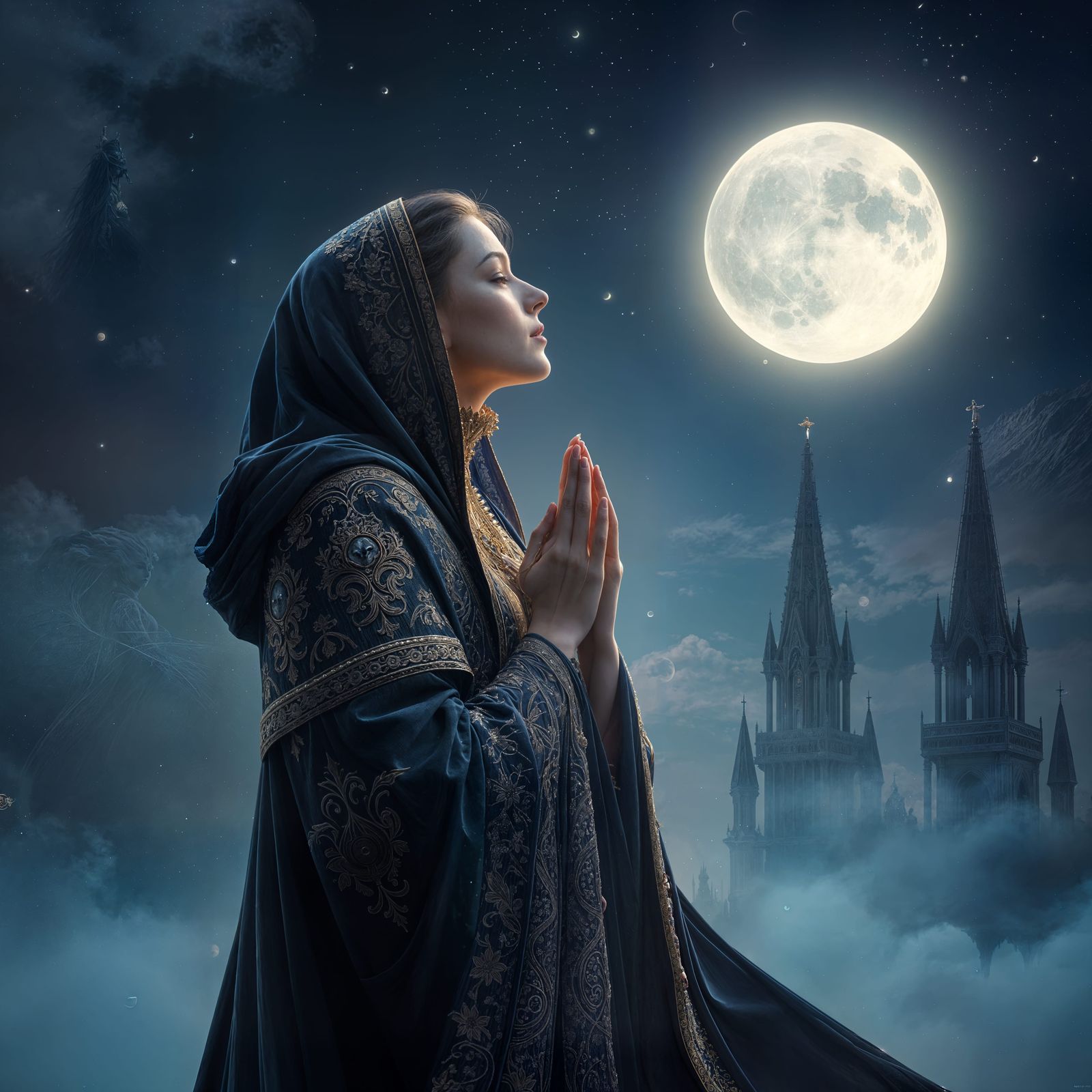 Moon Goddess Devotee in Elaborate Splendor - AI Art