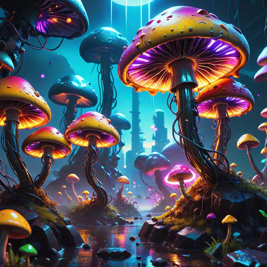 Cyborg Mushroom Aliens Cause Galactic Chaos - AI Art