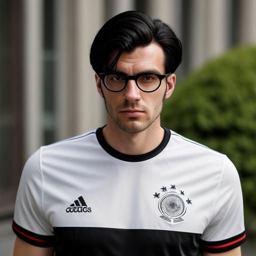 Handsome young German man, black hair, clear glass glasses, wearing a ...