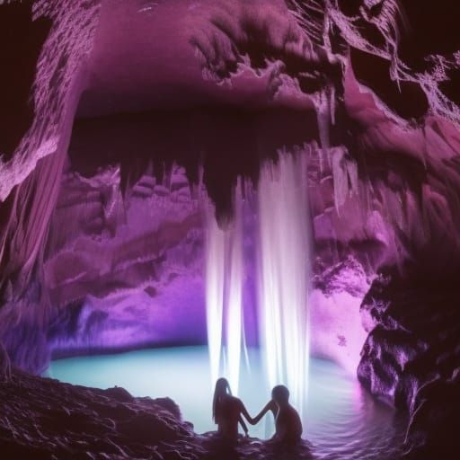 Purple Stalactites in glowing cave behind a waterfall with couple ...