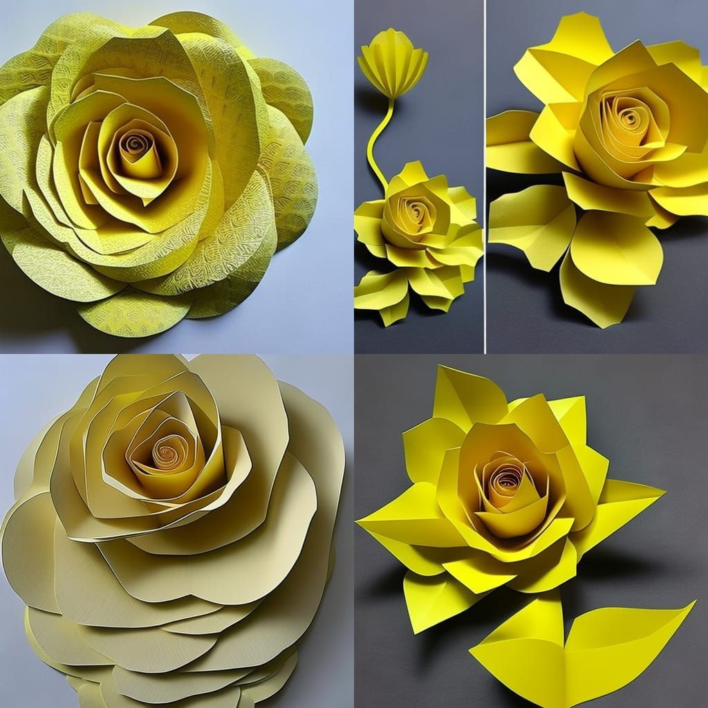 3D paper sculpture, bright yellow rose, embossed, intricately detailed ...