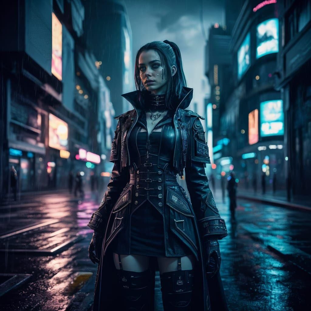 Medium shot of a goth female sci-fi protagonist in a cyberpunk city on ...