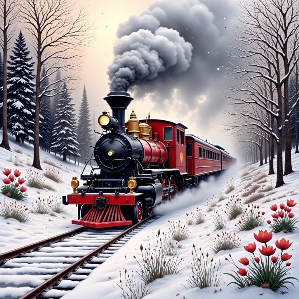 Vibrant 1880s Steam Train in Winter Landscape with... - AI Art