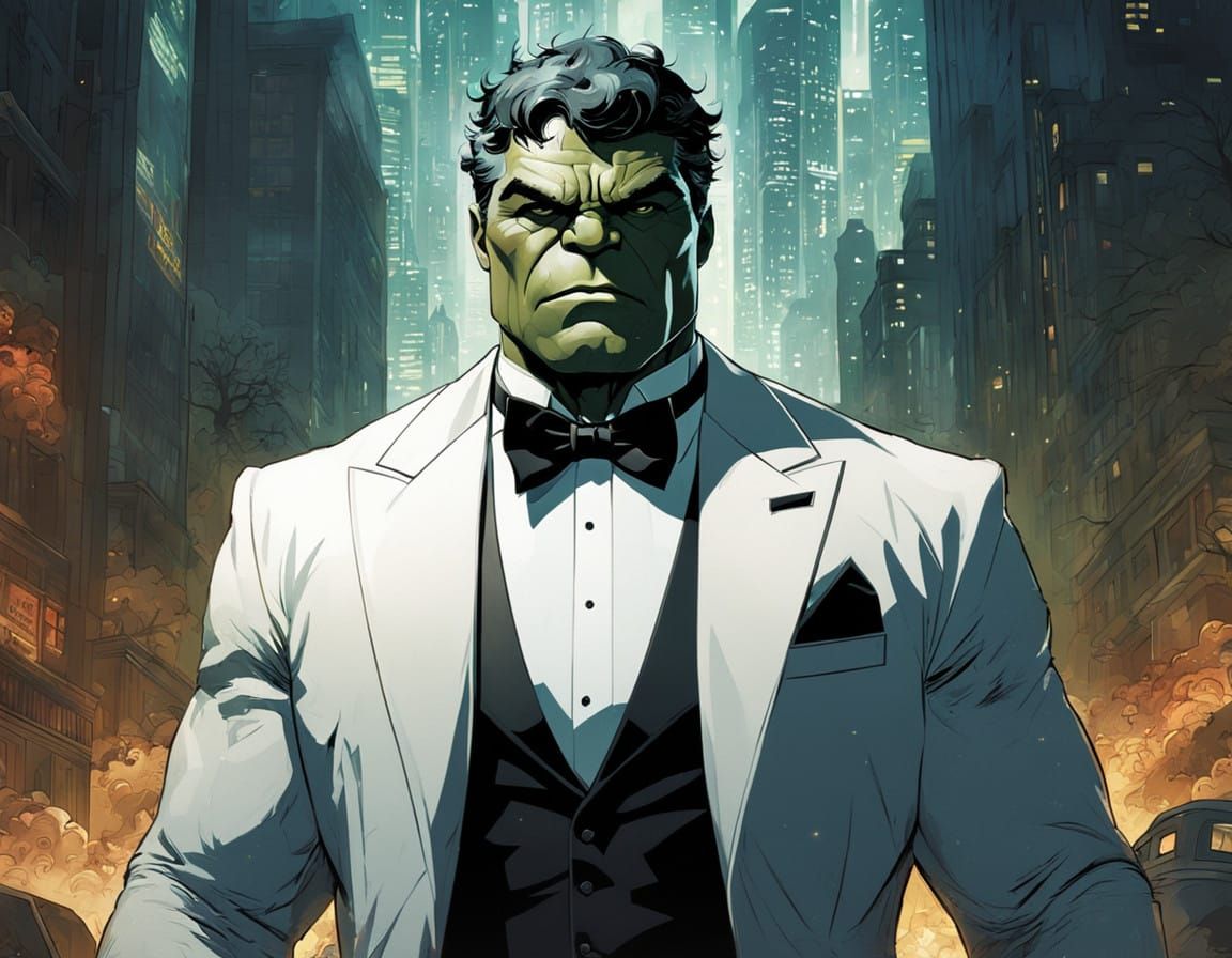 Gray Hulk from Marvel Comics wearing white tuxedo with black bowtie