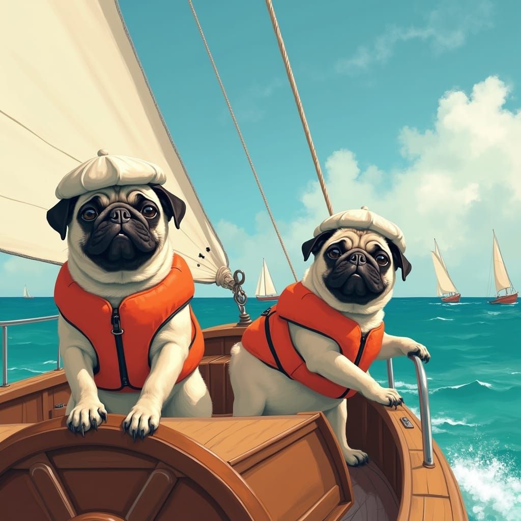 Pugs sailing yachts. - Pugs in Nautical Whimsy