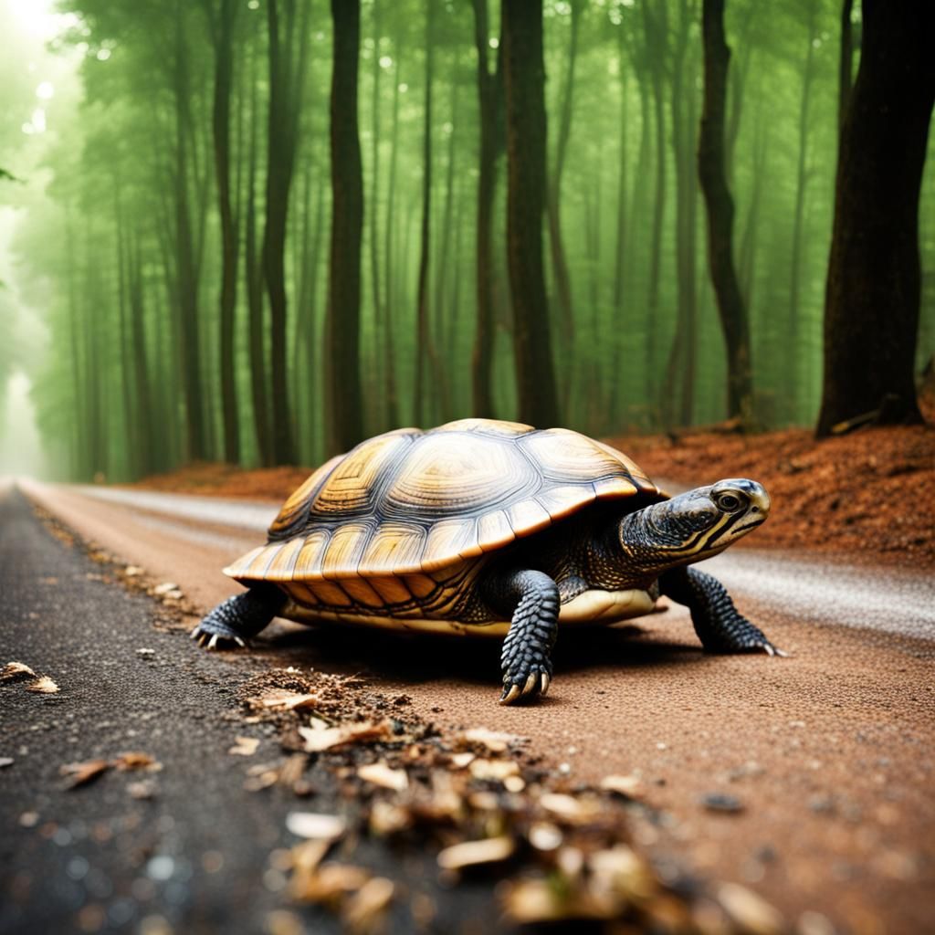 Turtle crawls along a forest road. - AI Generated Artwork - NightCafe ...
