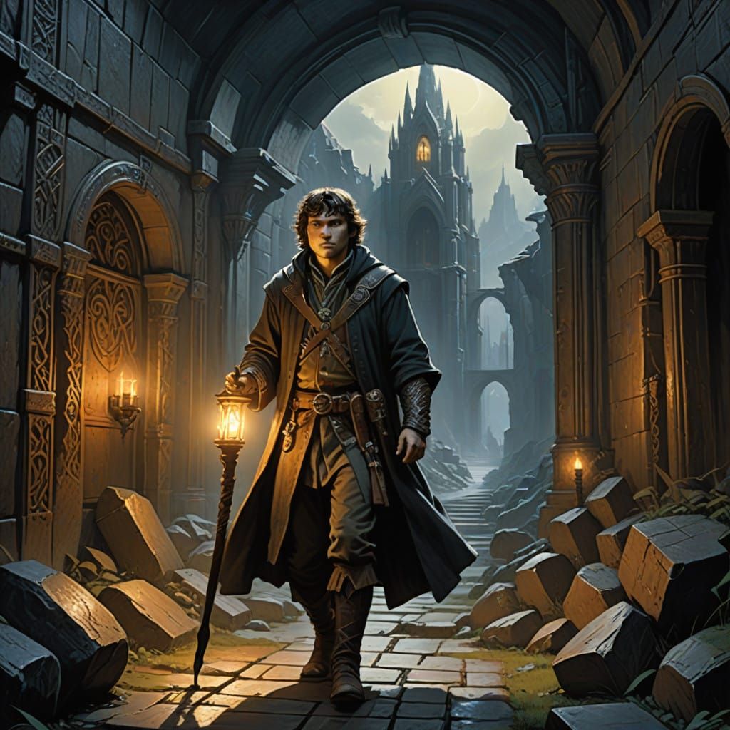 Hobbit in Underground Dungeon by Torchlight - AI Art