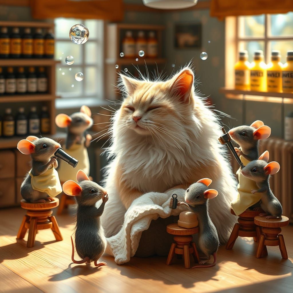 Mice Groom a Majestic Cat in Whimsical Salon Scene - AI Art