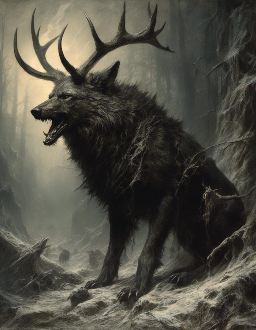 A wolf-like beast that is half bear, with stag horns. Its paws are ...