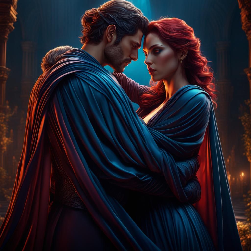 a man and a woman holding each other intimately draped only in a sheet ...