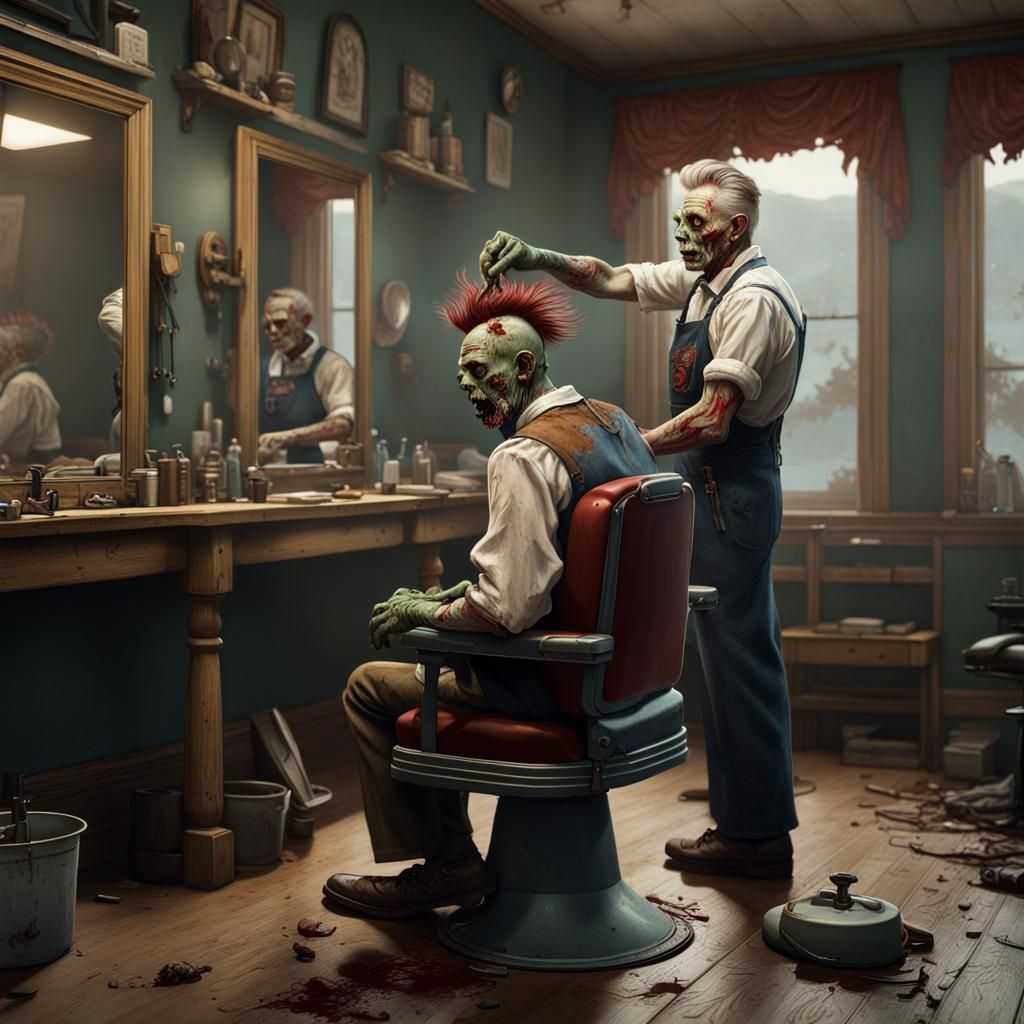 Norman Rockwell, zombie Barber, cutting man's hair - AI Generated ...