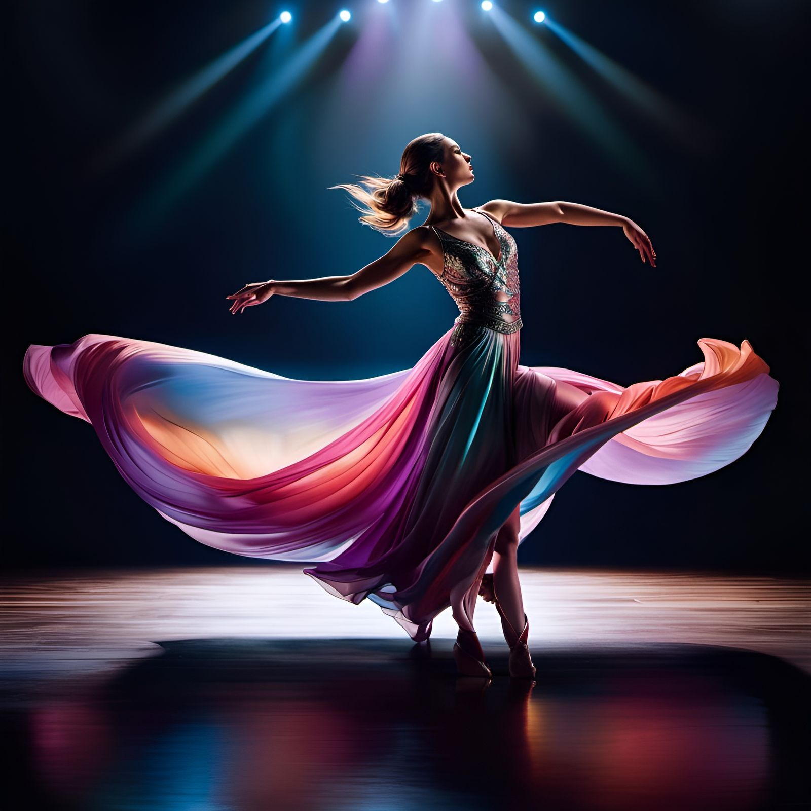 modern dancer on a dark empty stage, Magical, flowing silk iridescent ...