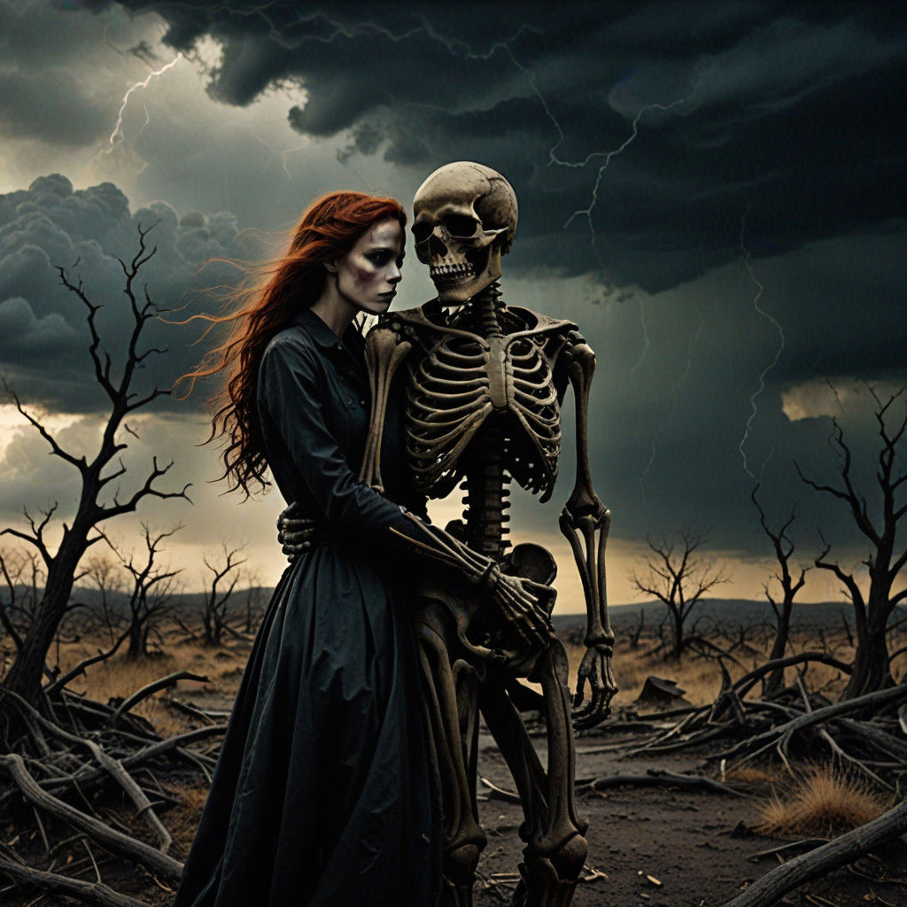Desolate Skeletons Embracing in a Gothic Storm - AI Art