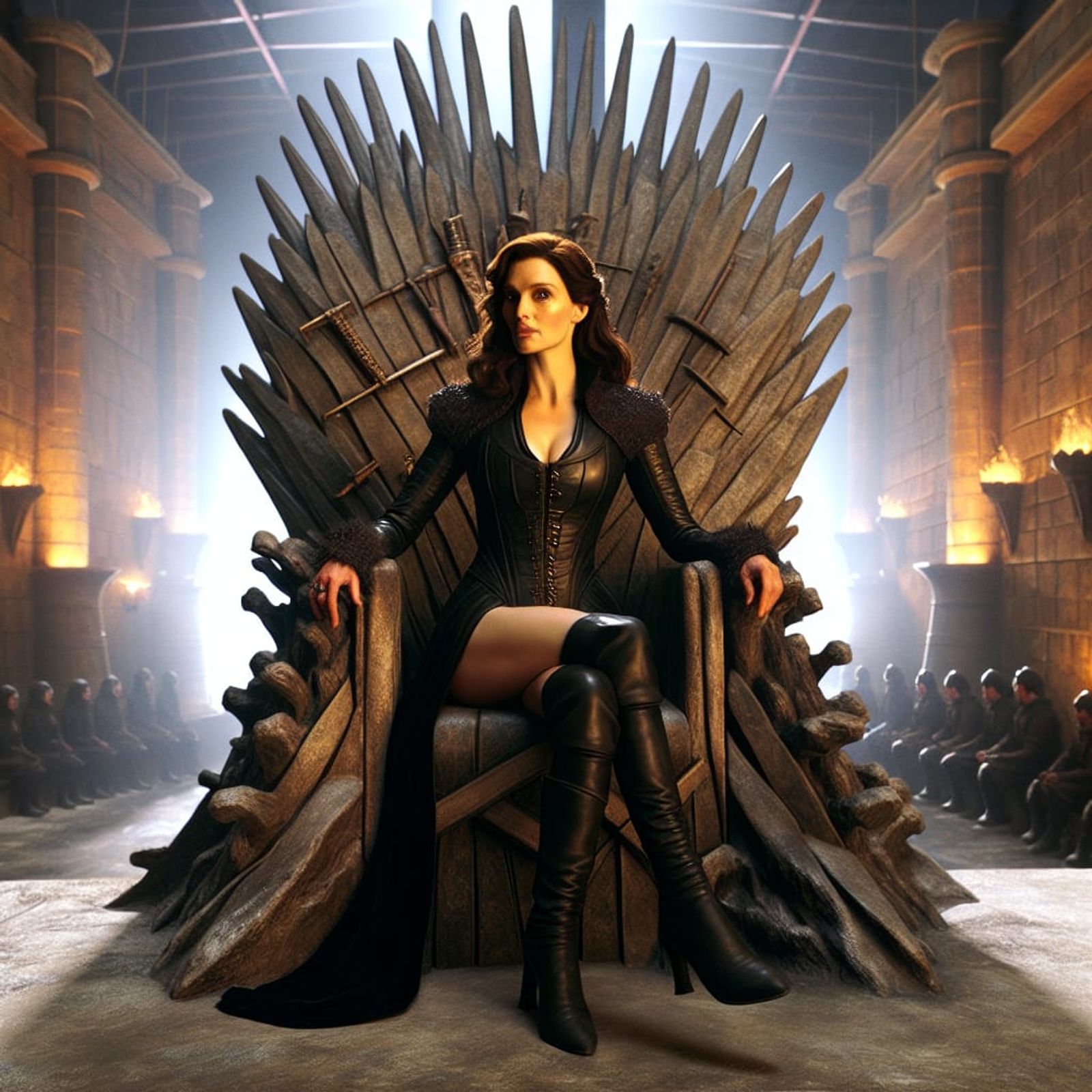 Emma Watson dressed in short leather dress and black leather knee boots ...