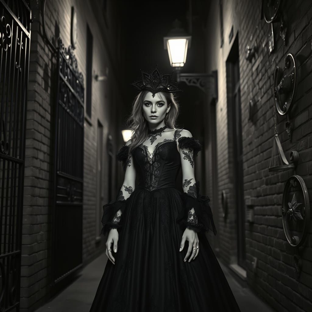 Goth Fairy Godmother in New Orleans Alleyway, Chia... - AI Art