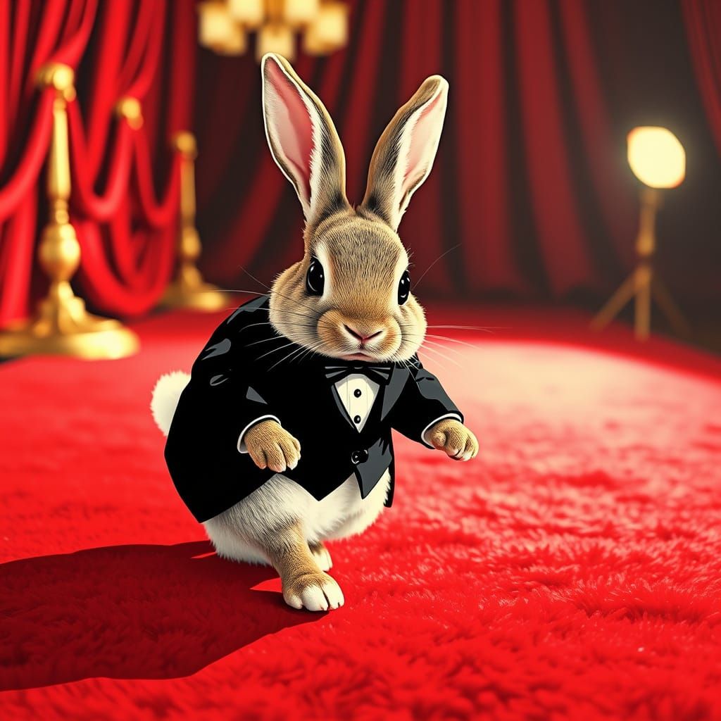 Confident Rabbit Struts Down Red Carpet in Miniatu... - AI Art