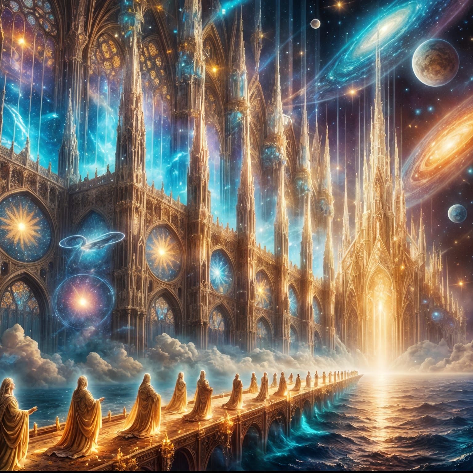 A breathtaking celestial cathedral floats above an endless cosmic ocean ...