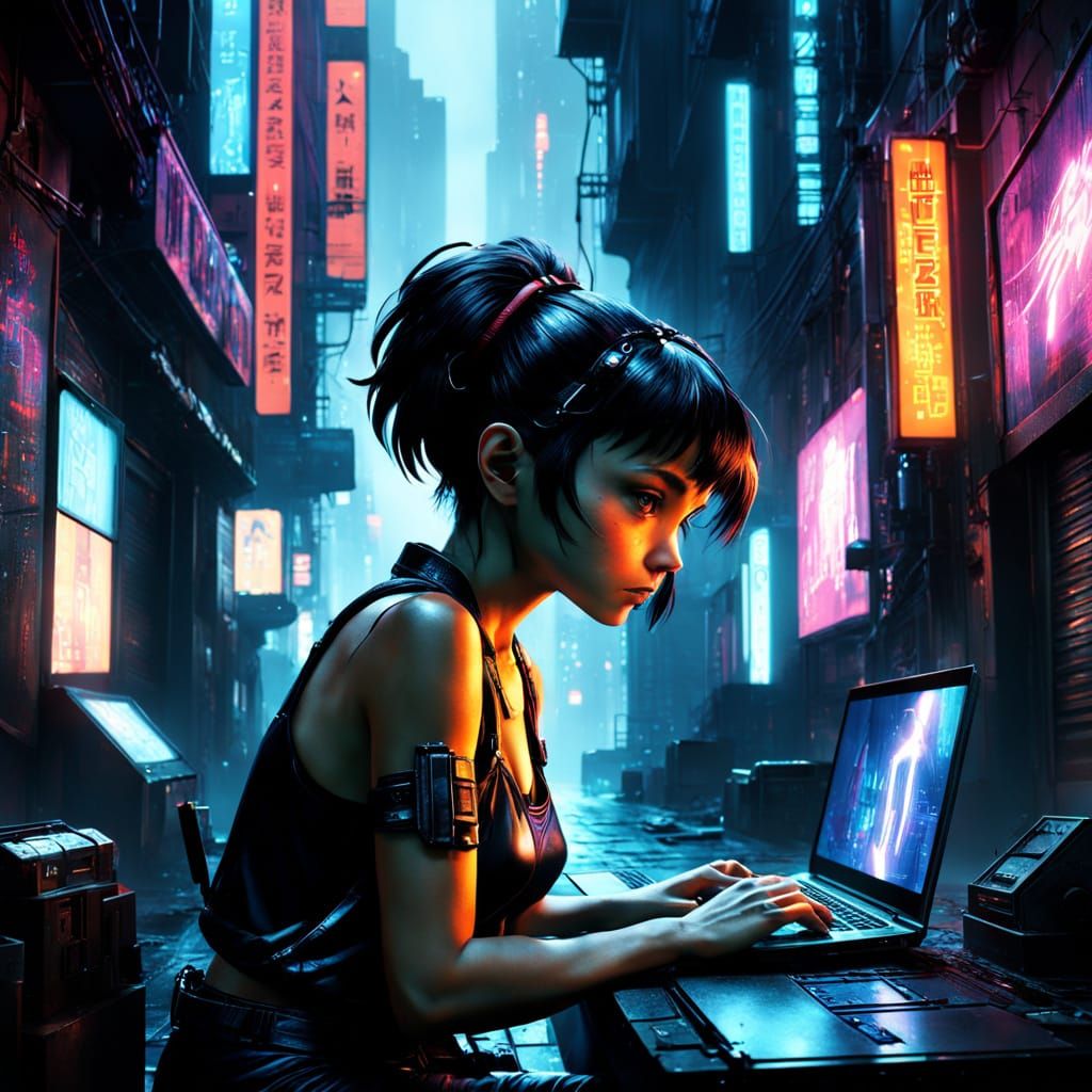 Betty Boop in Neon Tokyo Alley, Cyberpunk Hacker - AI Art
