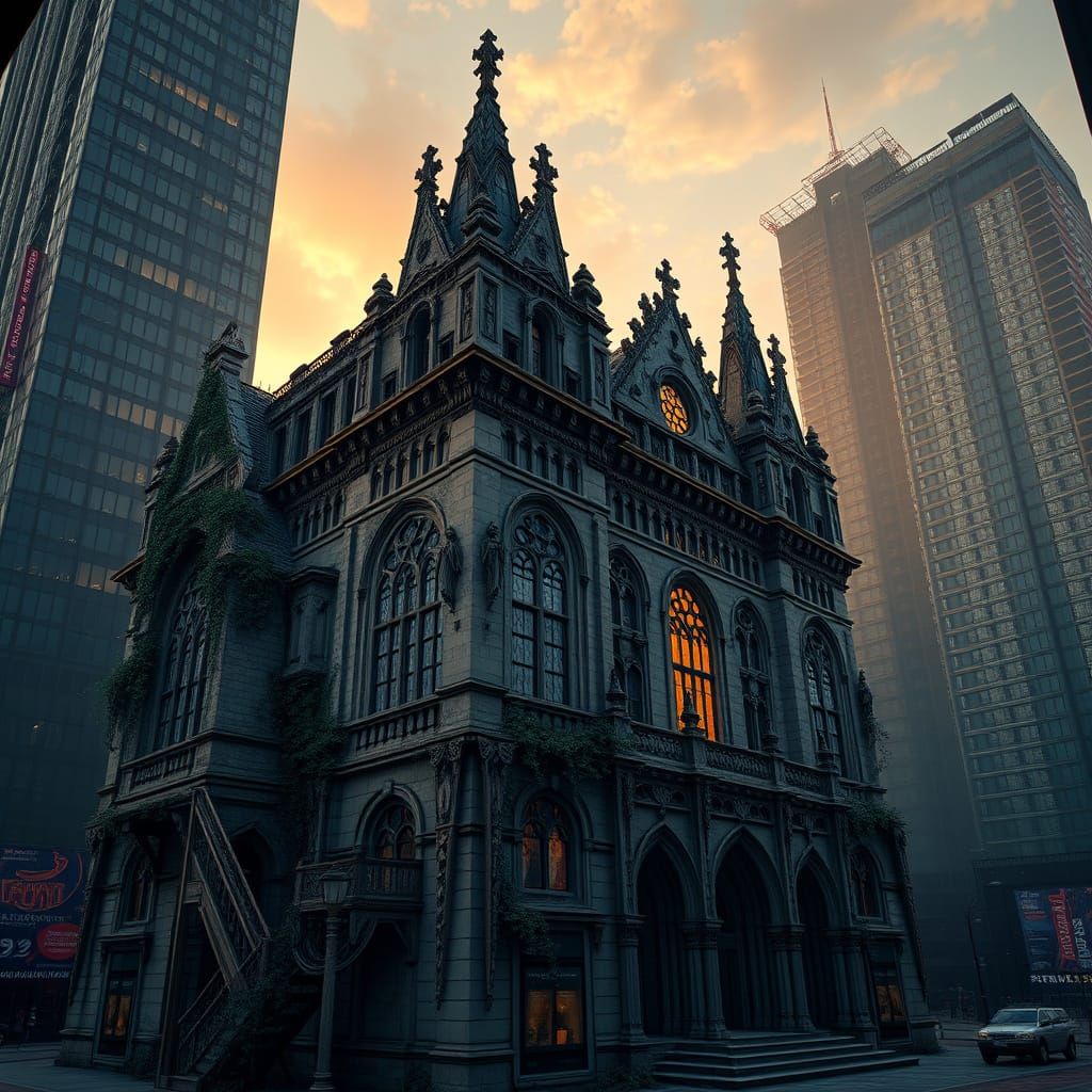 Gothic Revival Marvel Beside Modern Skyscrapers - AI Art