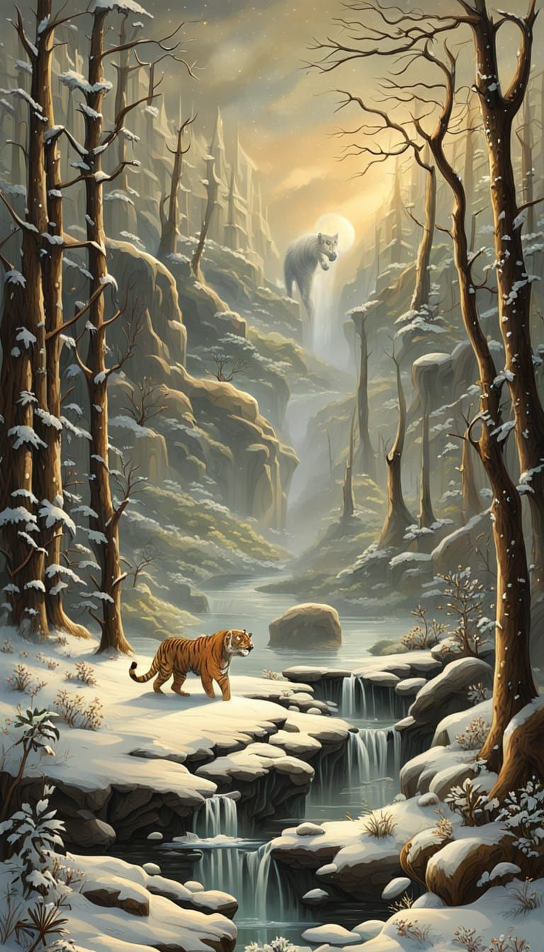 Saber-Toothed Tiger Attacks in Amazon Winter Wonde... - AI Art