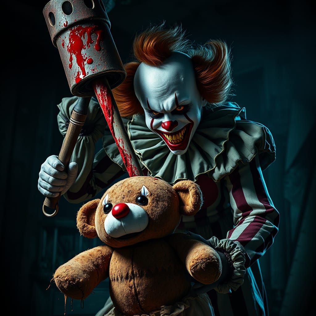Terrifying Evil Clown Smashing Teddy Bear: Dark Ho... - AI Art