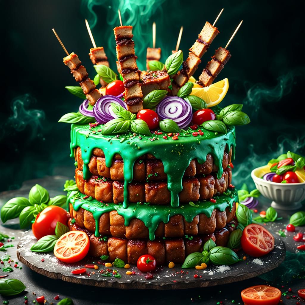 extremely appetizing cake assembled from juicy pork kebab with the ...