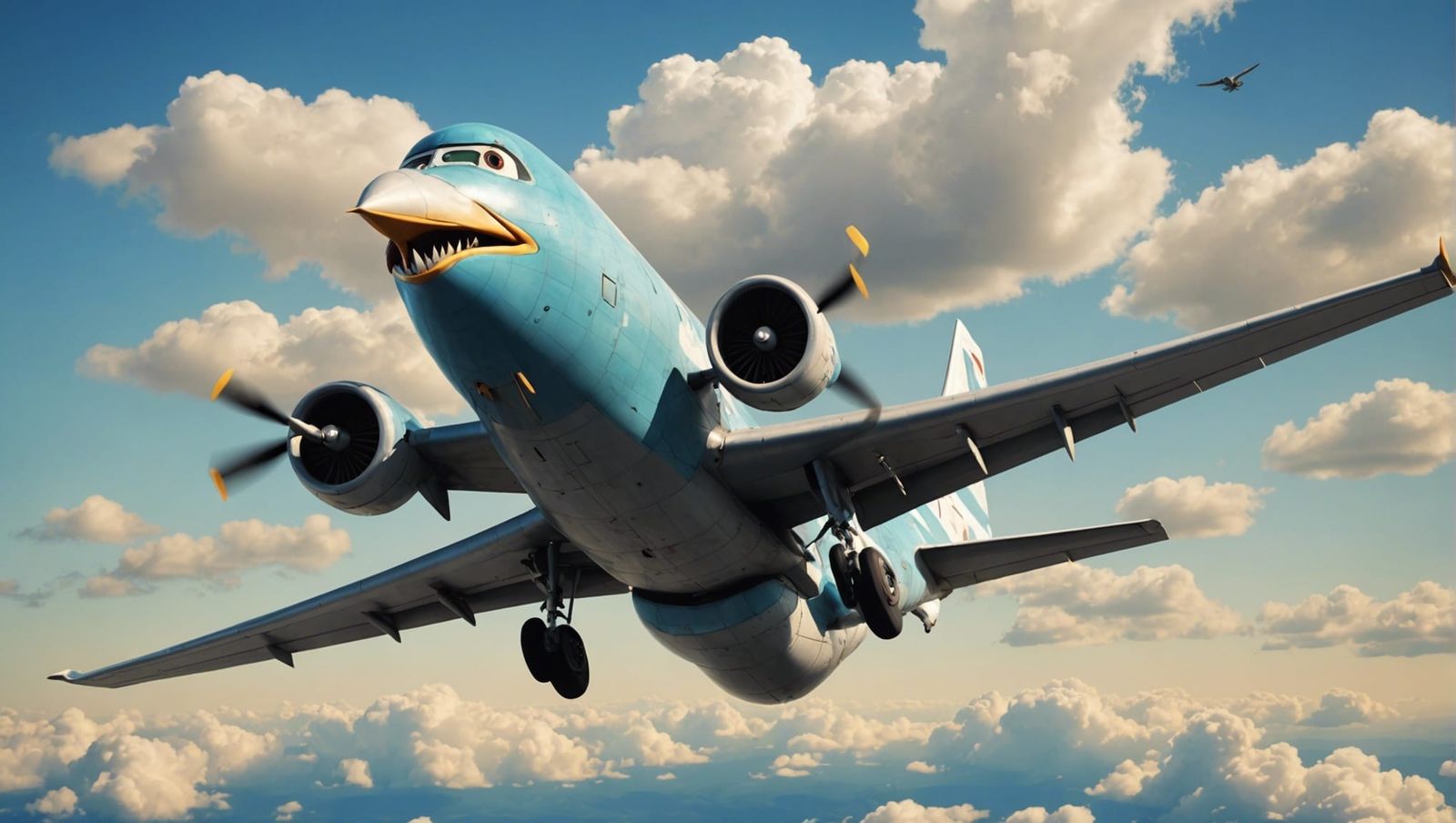 A plane that looks like a giant bird, flying like a bird, comical ...
