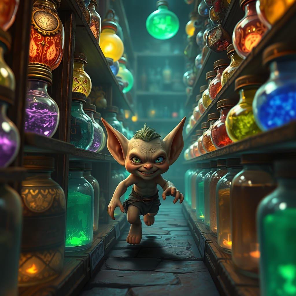Tiny goblin dashing through the shelves of a potions shop, his figure ...