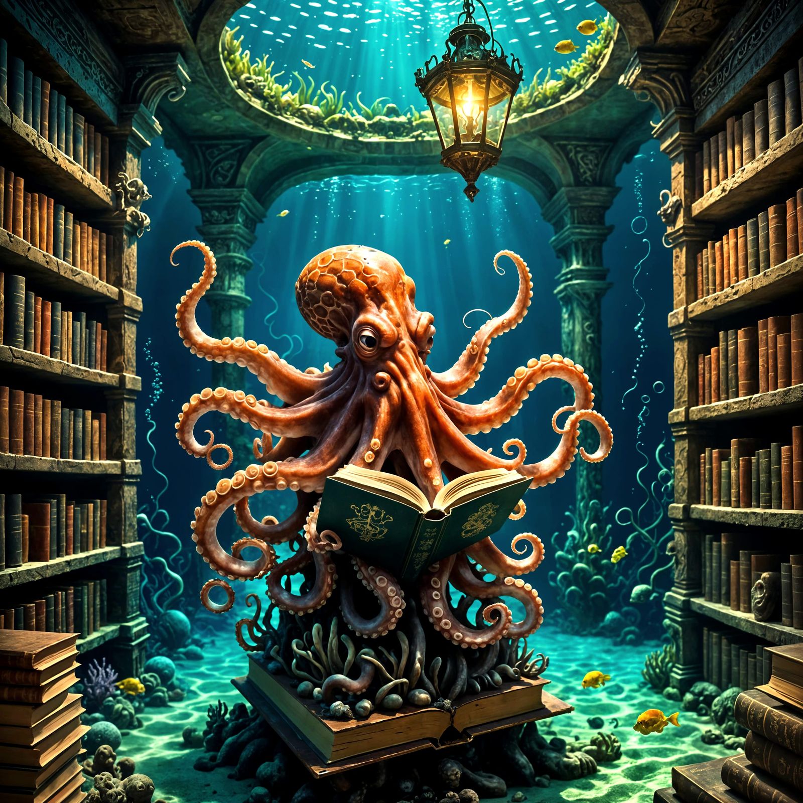 Octo-Library - Mystical Octopus Scholar in an Ancient Underw...