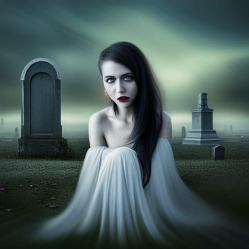 creepy ghost lady with long black hair, long arms and huge mouth of ...