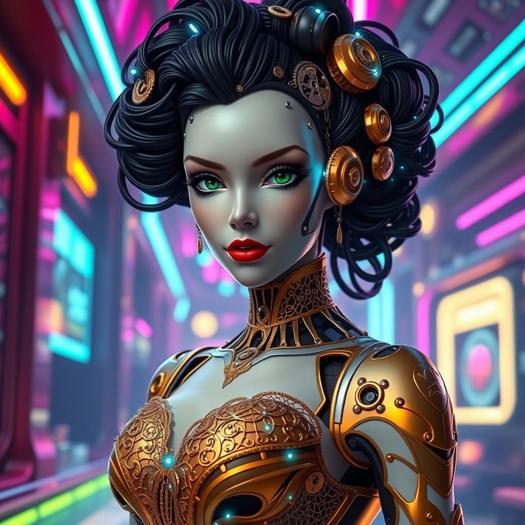 A Steampunk Ladybot In A Cyberpunk Town II