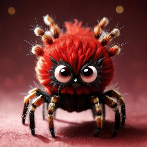 Cute and fluffy tiny red baby spider. knitted yarn. wool. fluffy ears ...