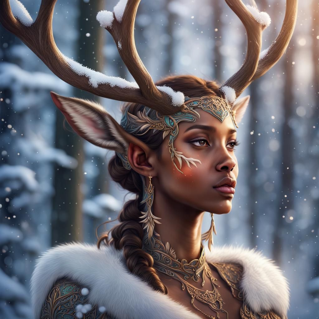 A WHIMSICAL MAGICAL CLOSE-UP OF A BEAUTIFUL, BROWN-SKINNED ELF DEER ...