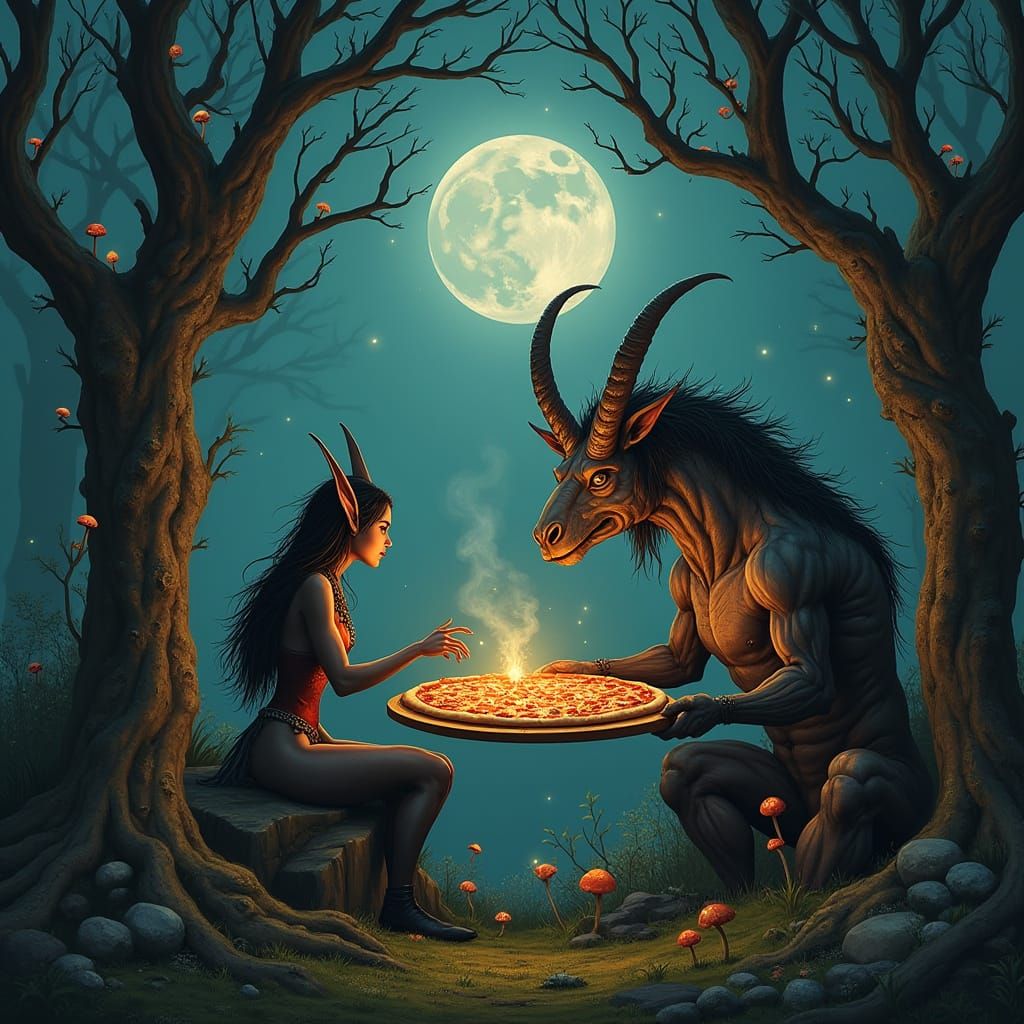 Eldritch Elf and Minotaur Share Pizza in Moonlit F... - AI Art