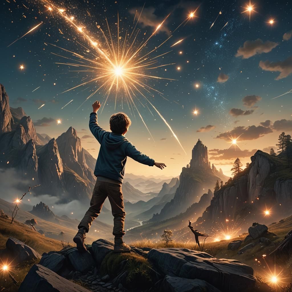 young boy trying to catch a falling star Epic cinematic brilliant ...