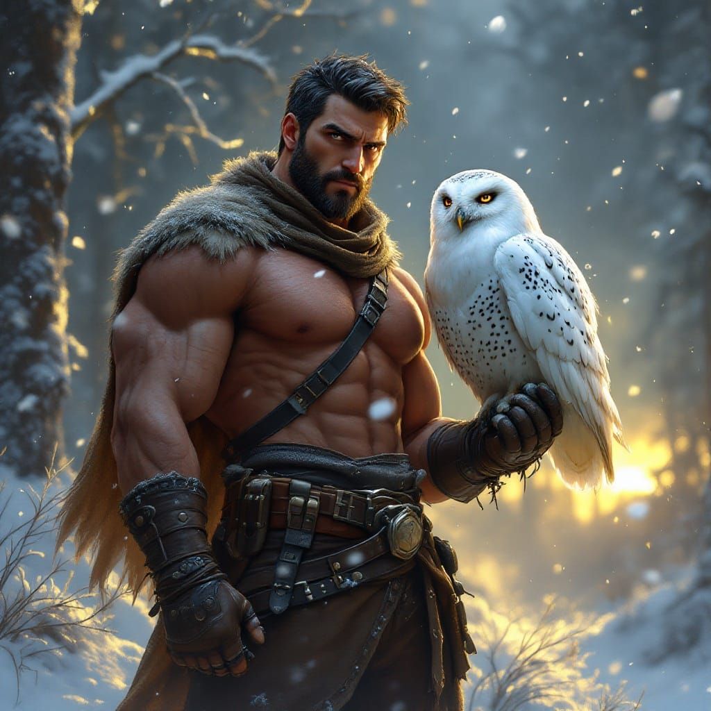 Snowy Owl - Majestic Cowboy with Snowy Owl in Dark Fantasy L...