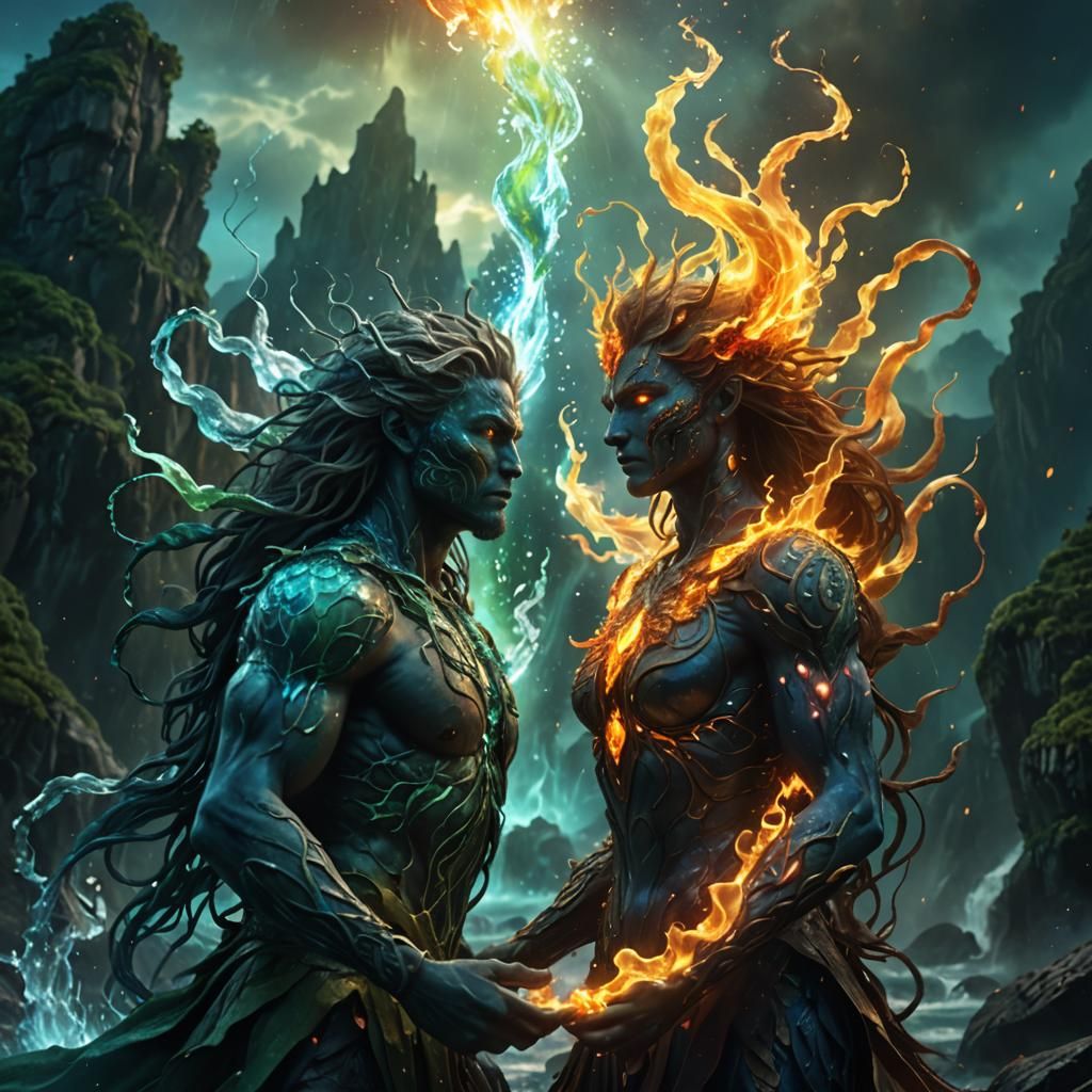 Epic Digital Matte Painting: Water and Fire Spirit... - AI Art