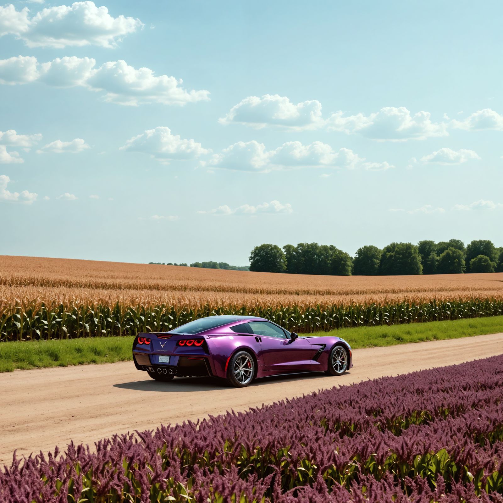 Purple Corvette Speeds Through Cornfield Landscape - AI Art