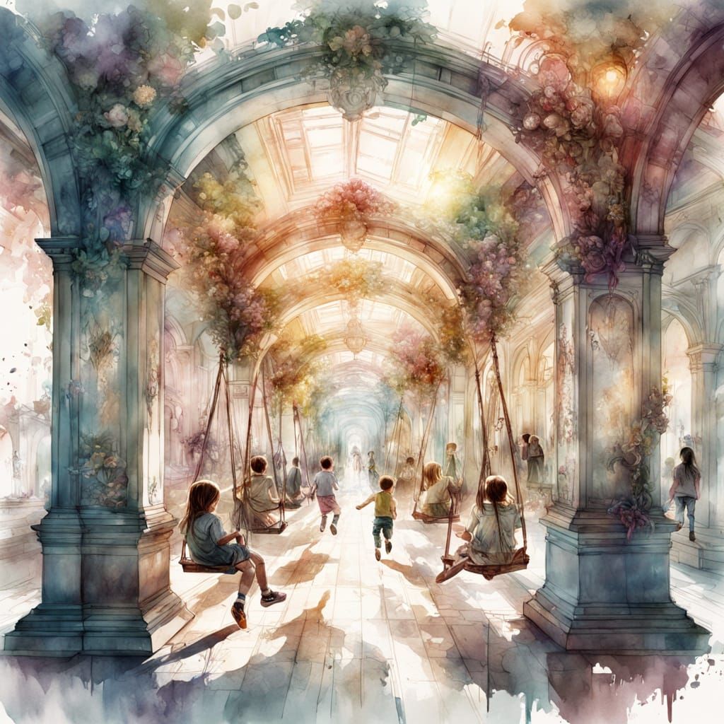 Leading to Heaven - Dreamy Watercolor Hallway of Swinging Ch...