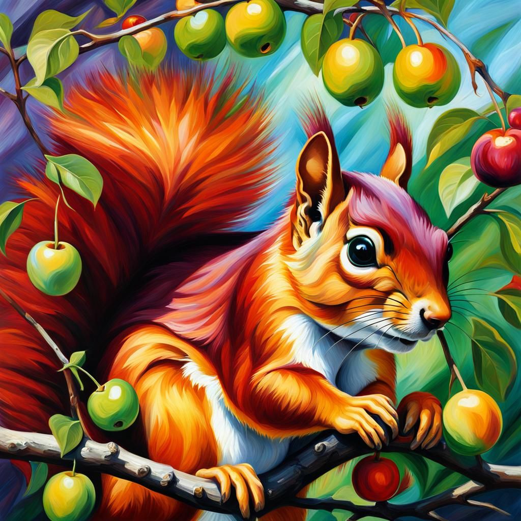 A colorful squirrel in a plum-tree - AI Generated Artwork - NightCafe ...