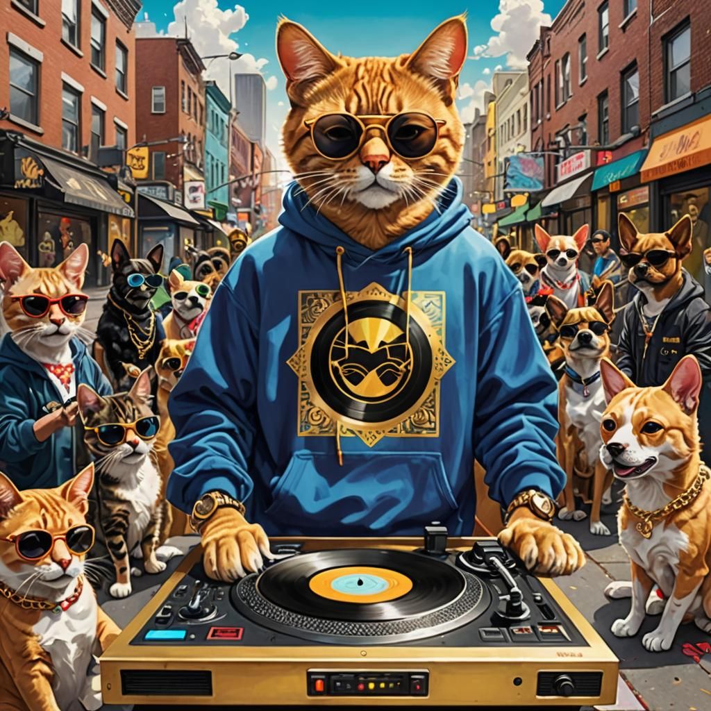 "Create a viral image featuring a cool, hip-hop-inspired cat. The cat ...