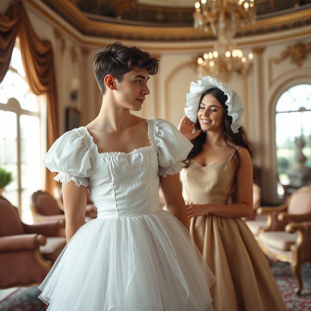 An humiliated handsome 19 years old guy, wearing a petticoat and a Ruffle bonnet, is ...