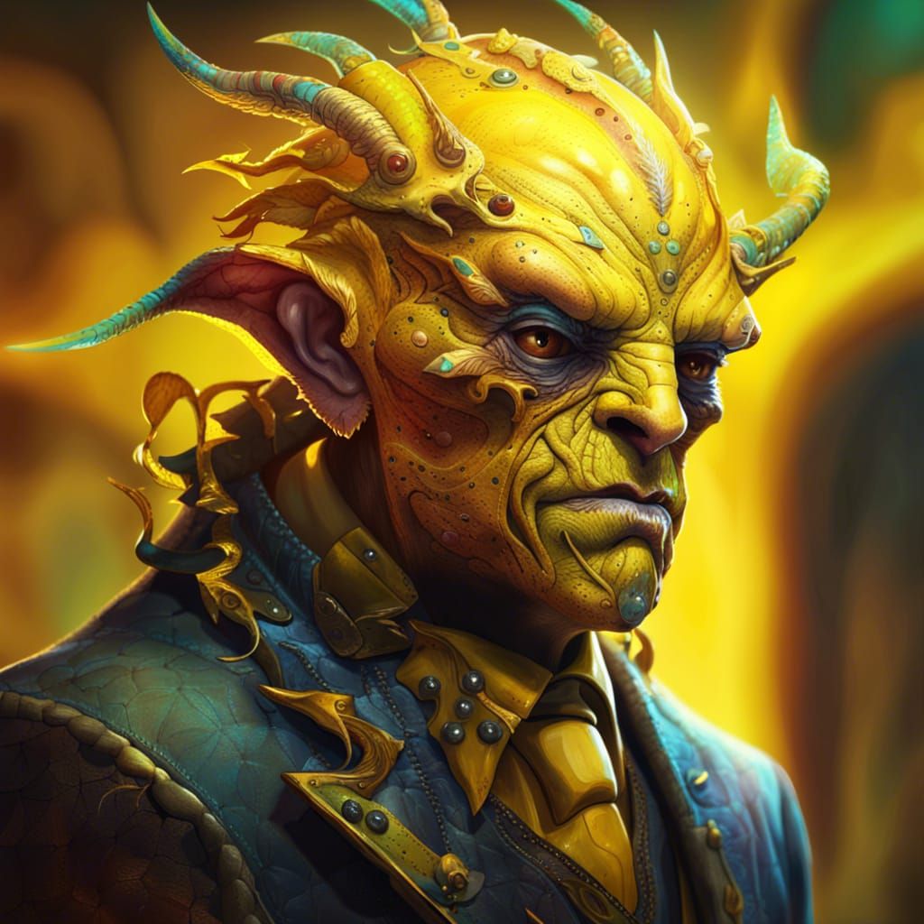 Strange bizarre fantasy creature with yellow skin that is headmaster of ...