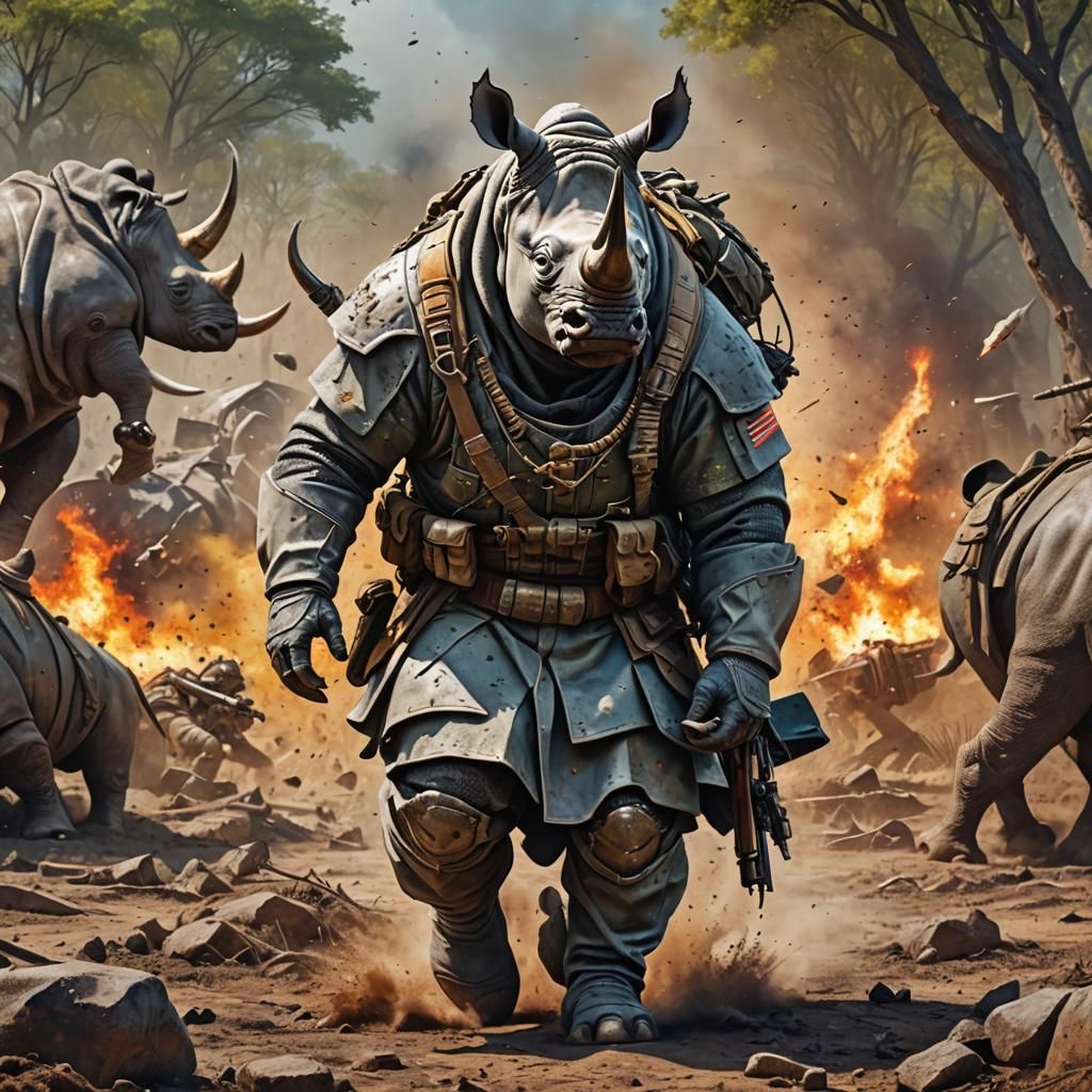 Rhinoceros dressed as a soldier on a battlefield during a battle - AI ...