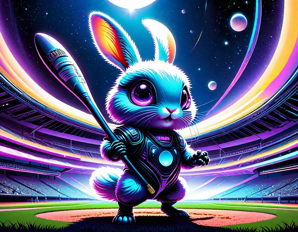 Rabbit-like alien playing baseball in an intergalactic stadium ...